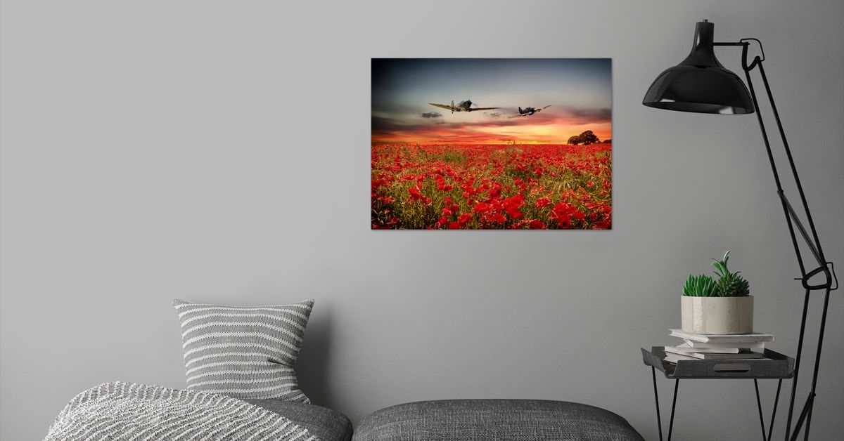 'RAF Spitfire and Hurricane fly over a flowering field o ... ' Poster ...