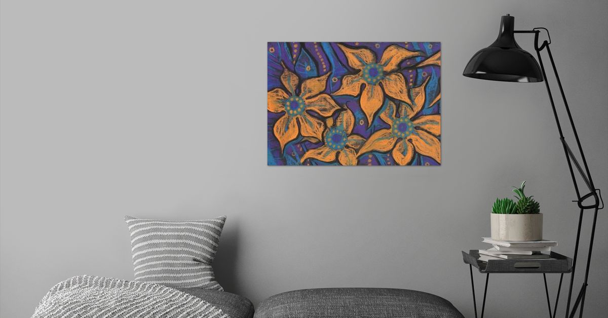 'Golden flowers, pastel painting, funky floral art' Poster by Julia ...