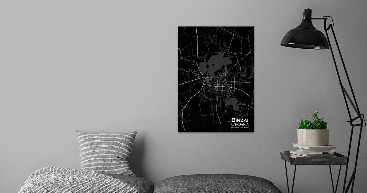 'Birzai Black Map' Poster by Wall Art Physical | Displate